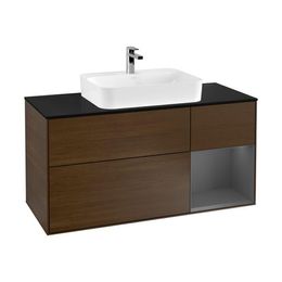 Villeroy & Boch Villeroy und Boch Finion Waschtischunterschrank F422GKGN 120cm, Abdeckplatte black matt, Regal rechts Anthracite matt, Walnut veneer