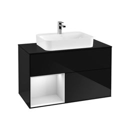 Villeroy & Boch Villeroy und Boch Finion Waschtischunterschrank F362MTPH 100cm, Abdeckplatte black matt, Regal links White matt lacquer, Glossy Black Lacquer