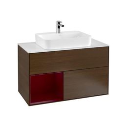 Villeroy & Boch Villeroy und Boch Finion Waschtischunterschrank G361HBGN 100cm, Abdeckplatte white matt, Emotion, Regal links Peony, Walnut veneer