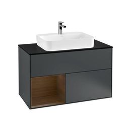 Villeroy & Boch Villeroy und Boch Finion Waschtischunterschrank F362GNHG 100cm, Abdeckplatte black matt, Regal links Walnut veneer, Midnight Blue Matt Lacquer