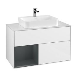 Villeroy & Boch Villeroy und Boch Finion Waschtischunterschrank F361HGGF 100cm, Abdeckplatte white matt, Regal links Midnight Blue Matt Lacquer, Glossy white lacquer