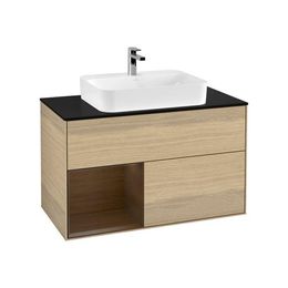 Villeroy & Boch Villeroy und Boch Finion Waschtischunterschrank F362GNPC 100cm, Abdeckplatte black matt, Regal links Walnut veneer, Oak Veneer