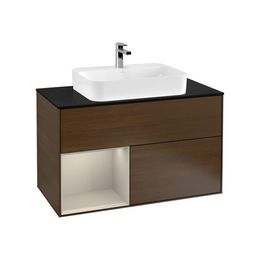 Villeroy & Boch Villeroy und Boch Finion Waschtischunterschrank F362HHGN 100cm, Abdeckplatte black matt, Regal links Sand Matt Lacquer, Walnut veneer