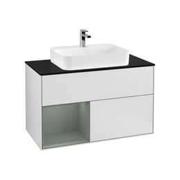 Villeroy & Boch Villeroy und Boch Finion Waschtischunterschrank F362GMMT 100cm, Abdeckplatte black matt, Regal links Olive Matt Lacquer, White matt lacquer