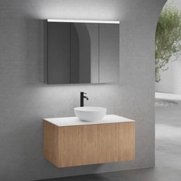 neoro n50 line Unterschrank B: 100 cm mit 1 Auszug, mit profilierter Eichenfront, Waschtisch &Oslash; 40 cm wei&szlig; matt, Konsole wei&szlig; matt, mit Spiegelschrank,