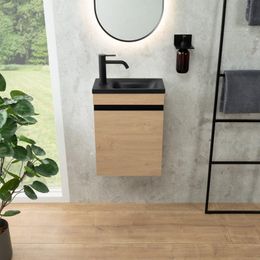 rivea Dia Unterschrank mit Picabo Handwaschbecken schwarz matt, Unterschrank 1 T&uuml;r, Anschlag links, steineiche, BR0574SO+BR0576BM,