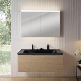 rivea Dia Unterschrank B: 121 cm mit 1 Auszug, Waschtisch mit 2 Hahnl&ouml;chern schwarz matt, mit n50 Spiegelschrank f&uuml;r die Schweiz,,