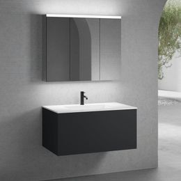 neoro n50 Unterschrank B: 100 cm mit 1 Auszug, Waschtisch mit 1 Hahnloch wei&szlig;, mit Spiegelschrank f&uuml;r die Schweiz,, BN0096WH+BN0433BM+BN0487MI,