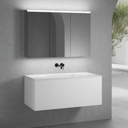 neoro n50 Unterschrank B: 120 cm mit 1 Auszug, Waschtisch ohne Hahnloch wei&szlig; matt, mit Spiegelschrank f&uuml;r die Schweiz,, BN0101WM+BN0434WM+BN0488MI,