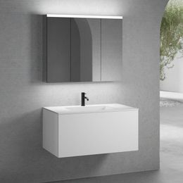 neoro n50 Unterschrank B: 100 cm mit 1 Auszug, Waschtisch mit 1 Hahnloch wei&szlig; matt, mit Spiegelschrank f&uuml;r die Schweiz,, BN0096WM+BN0433WM+BN0487MI,