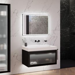 neoro n80 albus Unterschrank B: 100 cm mit 1 Auszug, mit profilierter Glasfront, mit Spiegel, Waschtisch cube, BN0149WM+BN0433PG+BN0016MI,