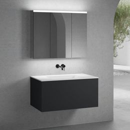 neoro n50 Unterschrank B: 100 cm mit 1 Auszug, Waschtisch ohne Hahnloch wei&szlig; matt, mit Spiegelschrank f&uuml;r die Schweiz,, BN0097WM+BN0433BM+BN0487MI,