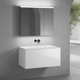 neoro n50 Unterschrank B: 100 cm mit 1 Auszug, Waschtisch ohne Hahnloch wei&szlig; matt, mit Spiegelschrank f&uuml;r die Schweiz,, BN0097WM+BN0433WH+BN0487MI,