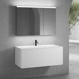 neoro n50 Unterschrank B: 120 cm mit 1 Auszug, Waschtisch mit 1 Hahnloch wei&szlig;, mit Spiegelschrank f&uuml;r die Schweiz,, BN0100WH+BN0434WM+BN0488MI,