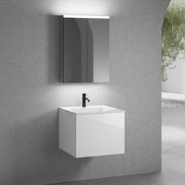 neoro n50 Unterschrank B: 60 cm mit 1 Auszug, Waschtisch mit 1 Hahnloch wei&szlig; matt, mit Spiegelschrank f&uuml;r die Schweiz,, BN0092WM+BN0431WH+BN0485MI,