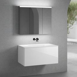 neoro n50 Unterschrank B: 100 cm mit 1 Auszug, Waschtisch ohne Hahnloch wei&szlig;, mit Spiegelschrank f&uuml;r die Schweiz,, BN0097WH+BN0433WH+BN0487MI,