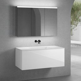 neoro n50 Unterschrank B: 120 cm mit 1 Auszug, Waschtisch ohne Hahnloch wei&szlig; matt, mit Spiegelschrank f&uuml;r die Schweiz,, BN0101WM+BN0434WH+BN0488MI,
