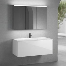 neoro n50 Unterschrank B: 120 cm mit 1 Auszug, Waschtisch mit 1 Hahnloch wei&szlig; matt, mit Spiegelschrank f&uuml;r die Schweiz,, BN0100WM+BN0434WH+BN0488MI,
