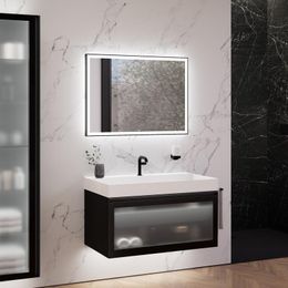 neoro n80 albus Unterschrank B: 100 cm mit 1 Auszug, mit profilierter Glasfront, mit Spiegel, Waschtisch cube, BN0144WM+BN0433PG+BN0016MI,
