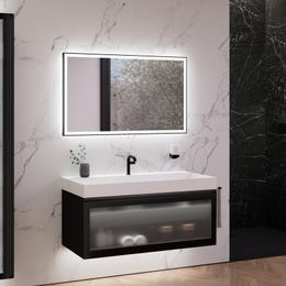 neoro n80 albus Unterschrank B: 120 cm mit 1 Auszug, mit profilierter Glasfront, mit Spiegel, Waschtisch cube, BN0145WM+BN0434PG+BN0017MI,