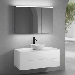 neoro n50 Unterschrank B: 120 cm mit 2 Ausz&uuml;gen, Waschtisch &Oslash; 40 cm wei&szlig; matt, mit Spiegelschrank,, BN0064WM+BN0424WH+BN0404WM+BN0475MI,