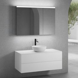neoro n50 Unterschrank B: 120 cm mit 2 Ausz&uuml;gen, Waschtisch &Oslash; 40 cm wei&szlig; matt, mit Spiegelschrank,, BN0064WM+BN0424WM+BN0404WH+BN0475MI,