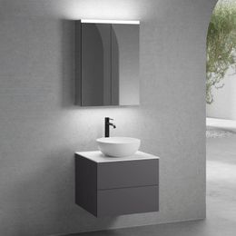 neoro n50 Unterschrank B: 60 cm mit 2 Ausz&uuml;gen, Waschtisch &Oslash; 45 cm wei&szlig; matt, mit Spiegelschrank,, BN0106WM+BN0421GR+BN0401WH+BN0472MI,