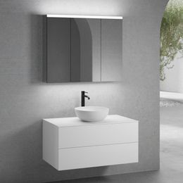 neoro n50 Unterschrank B: 100 cm mit 2 Ausz&uuml;gen, Waschtisch &Oslash; 40 cm wei&szlig; matt, mit Spiegelschrank f&uuml;r die Schweiz,,