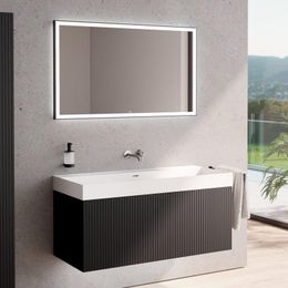 neoro n50 stripes Unterschrank B: 120 cm mit 1 Auszug, schwarz matt profiliert, mit Spiegel, Waschtisch cube, BN0136WM+BN0494BBM+BN0017MI,