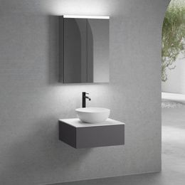 neoro n50 Unterschrank B: 60 cm mit 1 Auszug, Waschtisch &Oslash; 45 cm wei&szlig; matt, mit Spiegelschrank,, BN0106WM+BN0411GR+BN0401WM+BN0472MI,
