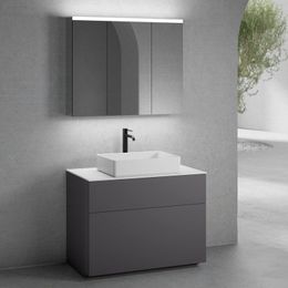 neoro n50 Unterschrank B: 100 cm mit 2 Ausz&uuml;gen, Waschtisch B: 58 cm wei&szlig; matt, mit Spiegelschrank,, BN0065WM+BN0443GR+BN0403WM+BN0474MI,