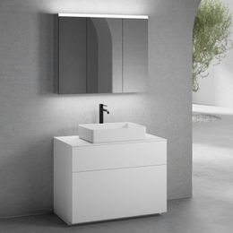 neoro n50 Unterschrank B: 100 cm mit 2 Ausz&uuml;gen, Waschtisch B: 58 cm wei&szlig; matt, mit Spiegelschrank,, BN0065WM+BN0443WM+BN0403WH+BN0474MI,