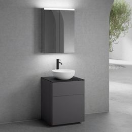 neoro n50 Unterschrank B: 60 cm mit 2 Ausz&uuml;gen, Waschtisch &Oslash; 40 cm wei&szlig; matt, mit Spiegelschrank,, BN0064WM+BN0441GR+BN0401BM+BN0472MI,