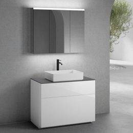 neoro n50 Unterschrank B: 100 cm mit 2 Ausz&uuml;gen, Waschtisch B: 58 cm wei&szlig; matt, mit Spiegelschrank,, BN0065WM+BN0443WH+BN0403GR+BN0474MI,