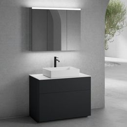 neoro n50 Unterschrank B: 100 cm mit 2 Ausz&uuml;gen, Waschtisch B: 58 cm wei&szlig; matt, mit Spiegelschrank,, BN0065WM+BN0443BM+BN0403WM+BN0474MI,