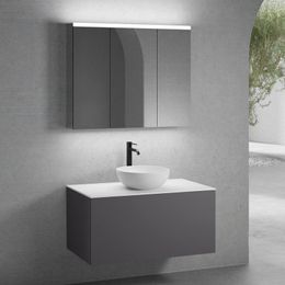 neoro n50 Unterschrank B: 100 cm mit 1 Auszug, Waschtisch &Oslash; 40 cm wei&szlig; matt, mit Spiegelschrank,, BN0064WM+BN0433GR+BN0403WH+BN0474MI,