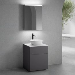 neoro n50 Unterschrank B: 60 cm mit 2 Ausz&uuml;gen, Waschtisch &Oslash; 45 cm wei&szlig; matt, mit Spiegelschrank,, BN0106WM+BN0441GR+BN0401WH+BN0472MI,