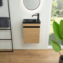 rivea Dia Unterschrank mit Picabo Handwaschbecken schwarz matt, Unterschrank 1 T&uuml;r, Anschlag rechts, steineiche, BR0575SO+BR0577BM,