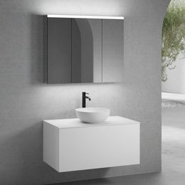 neoro n50 Unterschrank B: 100 cm mit 1 Auszug, Waschtisch &Oslash; 45 cm wei&szlig; matt, mit Spiegelschrank f&uuml;r die Schweiz,, BN0106WM+BN0433WM+BN0403WM+BN0487MI,