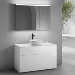 neoro n50 Unterschrank B: 120 cm mit 2 Ausz&uuml;gen, Waschtisch &Oslash; 40 cm wei&szlig; matt, mit Spiegelschrank,, BN0064WM+BN0444WH+BN0404WM+BN0475MI,