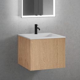 neoro n50 Unterschrank B: 60 cm mit 1 Auszug, mit glatter Eichenfront, Waschtisch mit 1 Hahnloch wei&szlig; matt, BN0092WM+BN0431BFO,