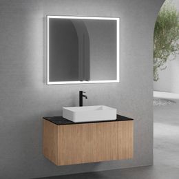 neoro n50 line Unterschrank B: 100 cm mit 1 Auszug, mit profilierter Eichenfront, Waschtisch B: 58 cm wei&szlig; matt, mit n60 Spiegelschrank f&uuml;r die