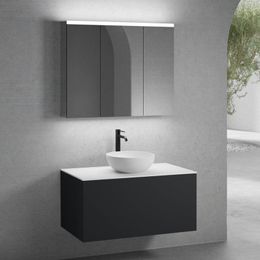 neoro n50 Unterschrank B: 100 cm mit 1 Auszug, Waschtisch &Oslash; 40 cm wei&szlig; matt, mit Spiegelschrank,, BN0064WM+BN0433BM+BN0403WH+BN0474MI,