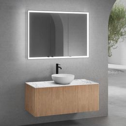neoro n50 line Unterschrank B: 120 cm mit 1 Auszug, mit profilierter Eichenfront, Waschtisch &Oslash; 45 cm wei&szlig; matt, mit n60 Spiegelschrank f&uuml;r die