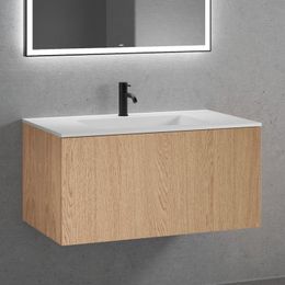 neoro n50 Unterschrank B: 100 cm mit 1 Auszug, mit glatter Eichenfront, Waschtisch mit 1 Hahnloch wei&szlig; matt, BN0096WM+BN0433BFO,