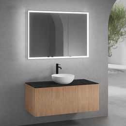 neoro n50 line Unterschrank B: 120 cm mit 1 Auszug, mit profilierter Eichenfront, Waschtisch &Oslash; 45 cm wei&szlig; matt, mit n60 Spiegelschrank f&uuml;r die