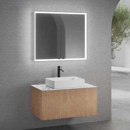 neoro n50 line Unterschrank B: 100 cm mit 1 Auszug, mit profilierter Eichenfront, Waschtisch B: 58 cm wei&szlig; matt, mit n60 Spiegelschrank f&uuml;r die
