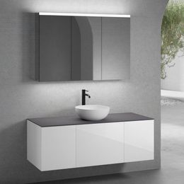neoro n50 M&ouml;belanlage B: 140 cm mit 3 Ausz&uuml;gen, Waschtisch &Oslash; 40 cm wei&szlig; matt, mit Spiegelschrank,, BN0064WM+BN0431WH+2#BN0430WH+BN0408GR+BN0475MI,