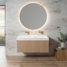 neoro n50 line Unterschrank B: 120 cm mit 1 Auszug, mit profilierter Eichenfront, Doppelwaschtisch area ohne Hahnloch wei&szlig; matt, mit Spiegel,