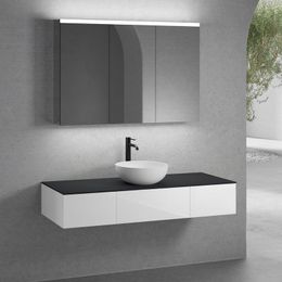 neoro n50 M&ouml;belanlage B: 140 cm mit 3 Ausz&uuml;gen, Waschtisch &Oslash; 45 cm wei&szlig; matt, mit Spiegelschrank,, BN0106WM+BN0411WH+2#BN0410WH+BN0408BM+BN0475MI,